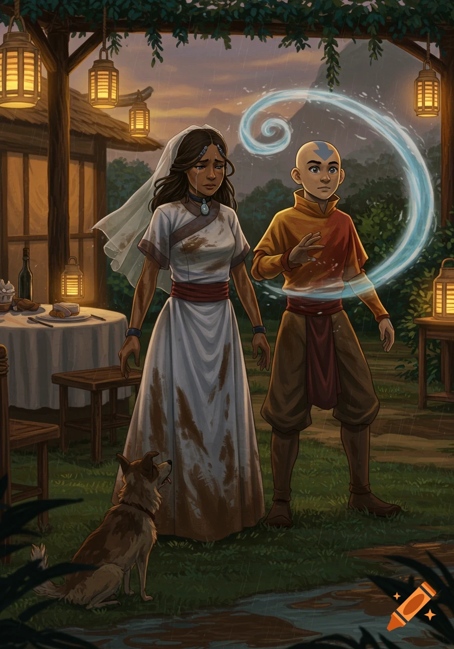 Illustration of adult Katara crying in a muddy wedding dress, while an ...