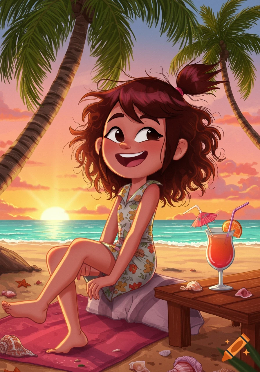 Smiling Pixar-style cartoon girl with curly hair surfs a large ocean ...