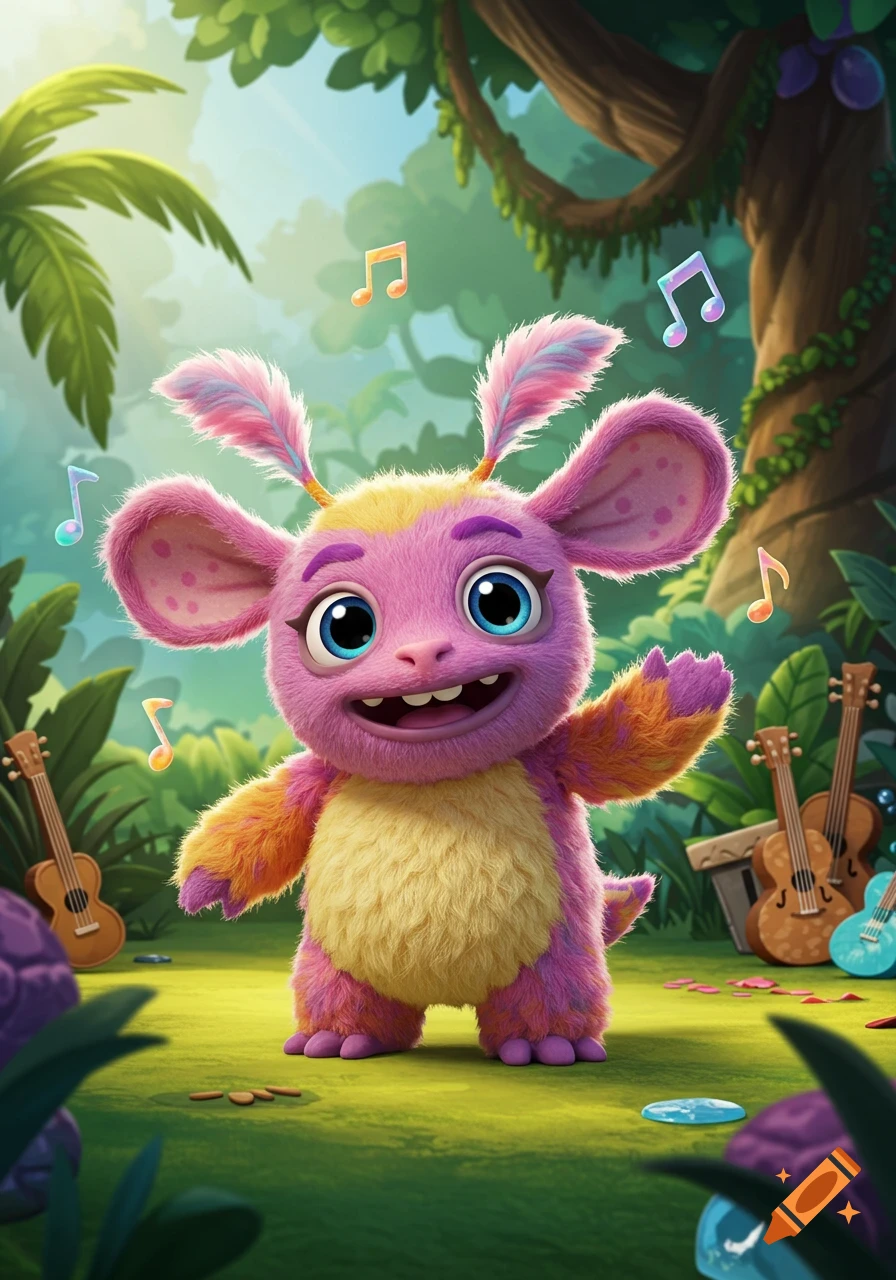 A happy, furry red monster with horns plays drums on a wooden stage in ...