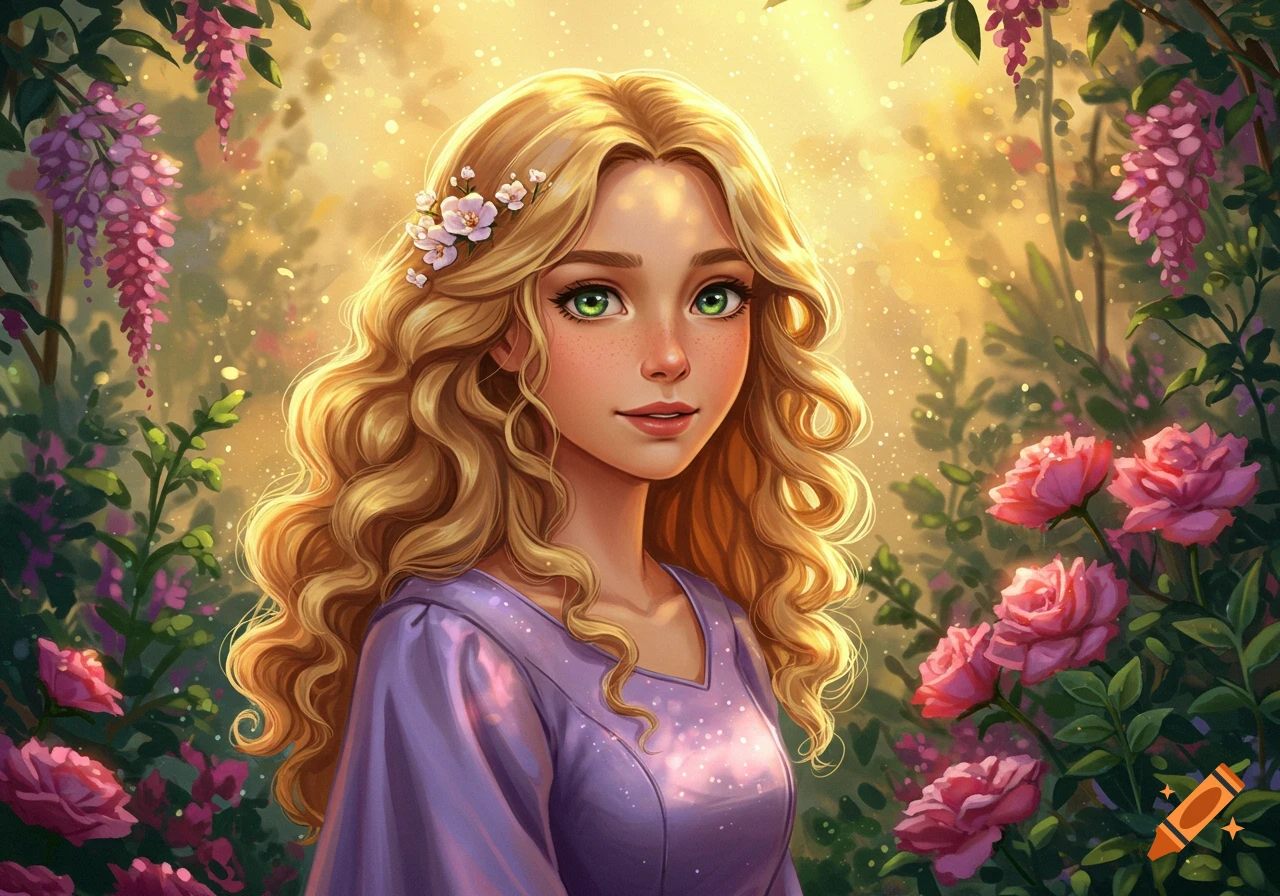 Illustrated blonde princess with curly hair and green eyes in a magical ...