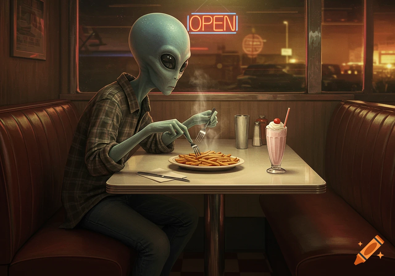 A grey alien with sunglasses and a serious expression stands in a retro ...