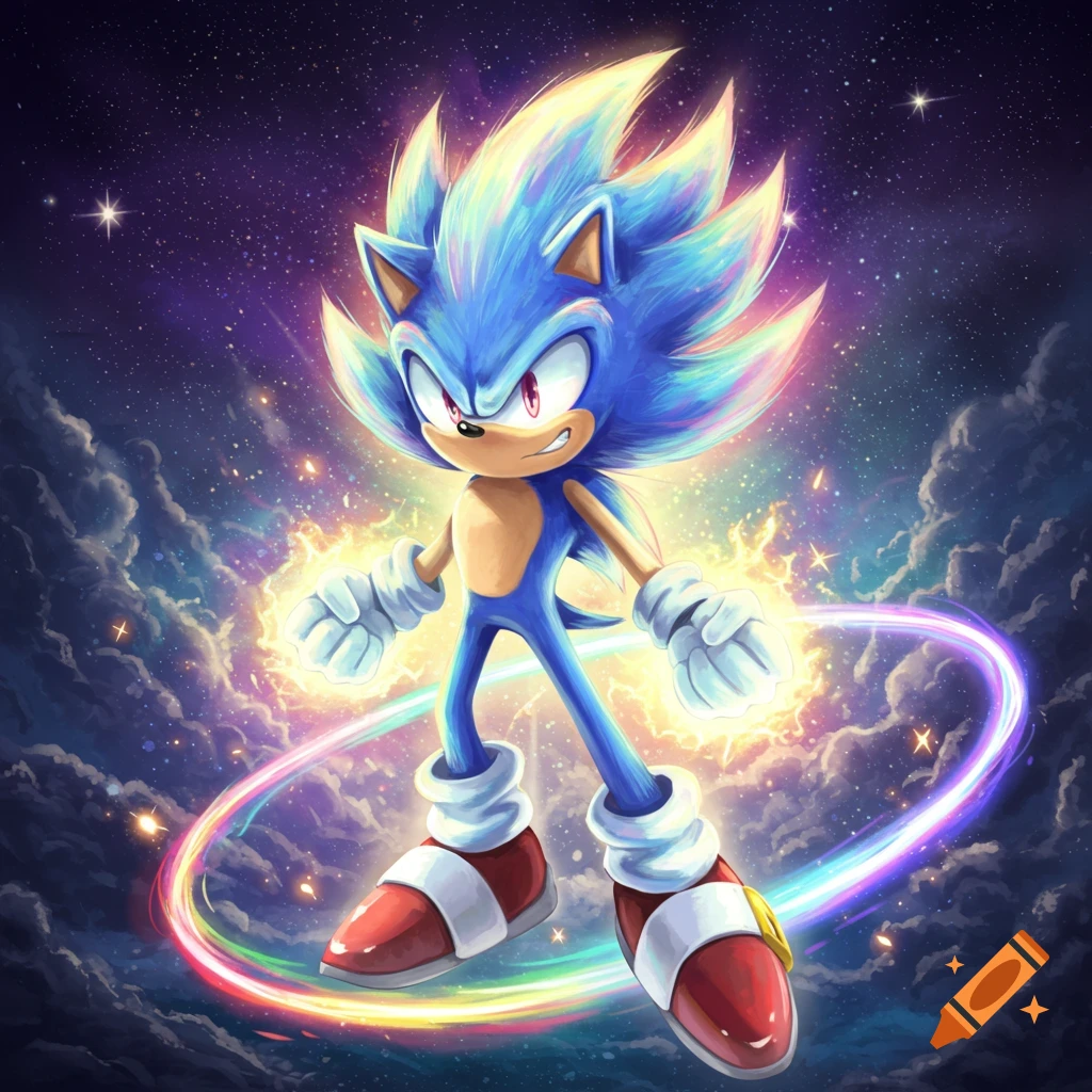 Super Sonic with glowing rainbow fur stands powerfully in a cosmic ...