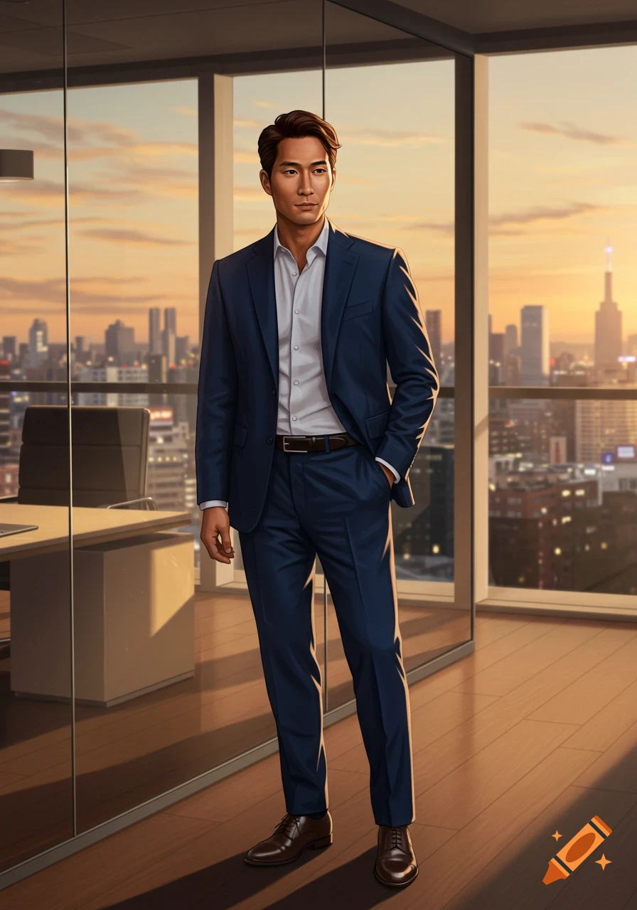 A man in a blue suit stands in a modern office with large windows ...