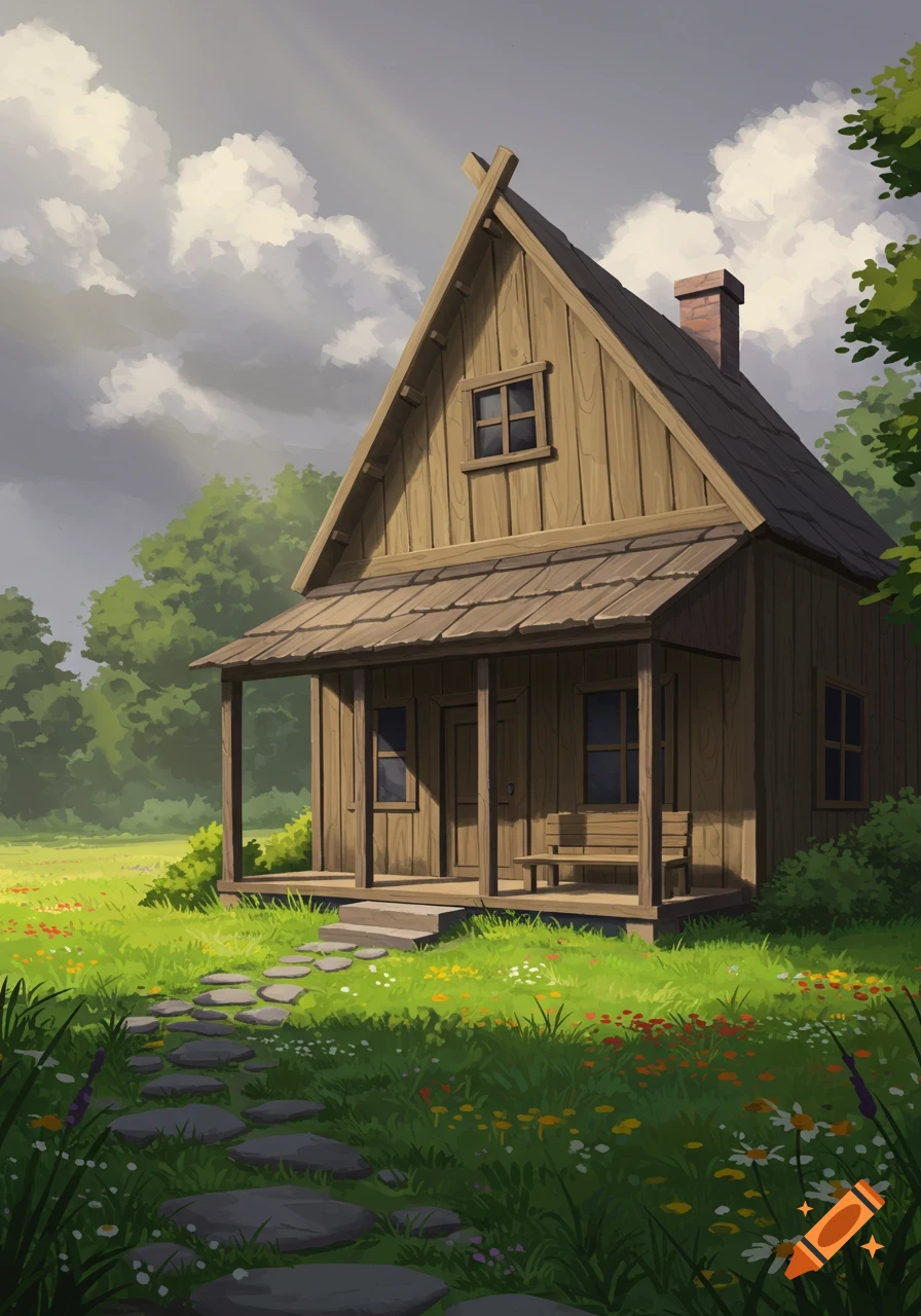 Top-down view of an old, moss-covered wooden shack with a partially collapsed roof, nestled in a ...