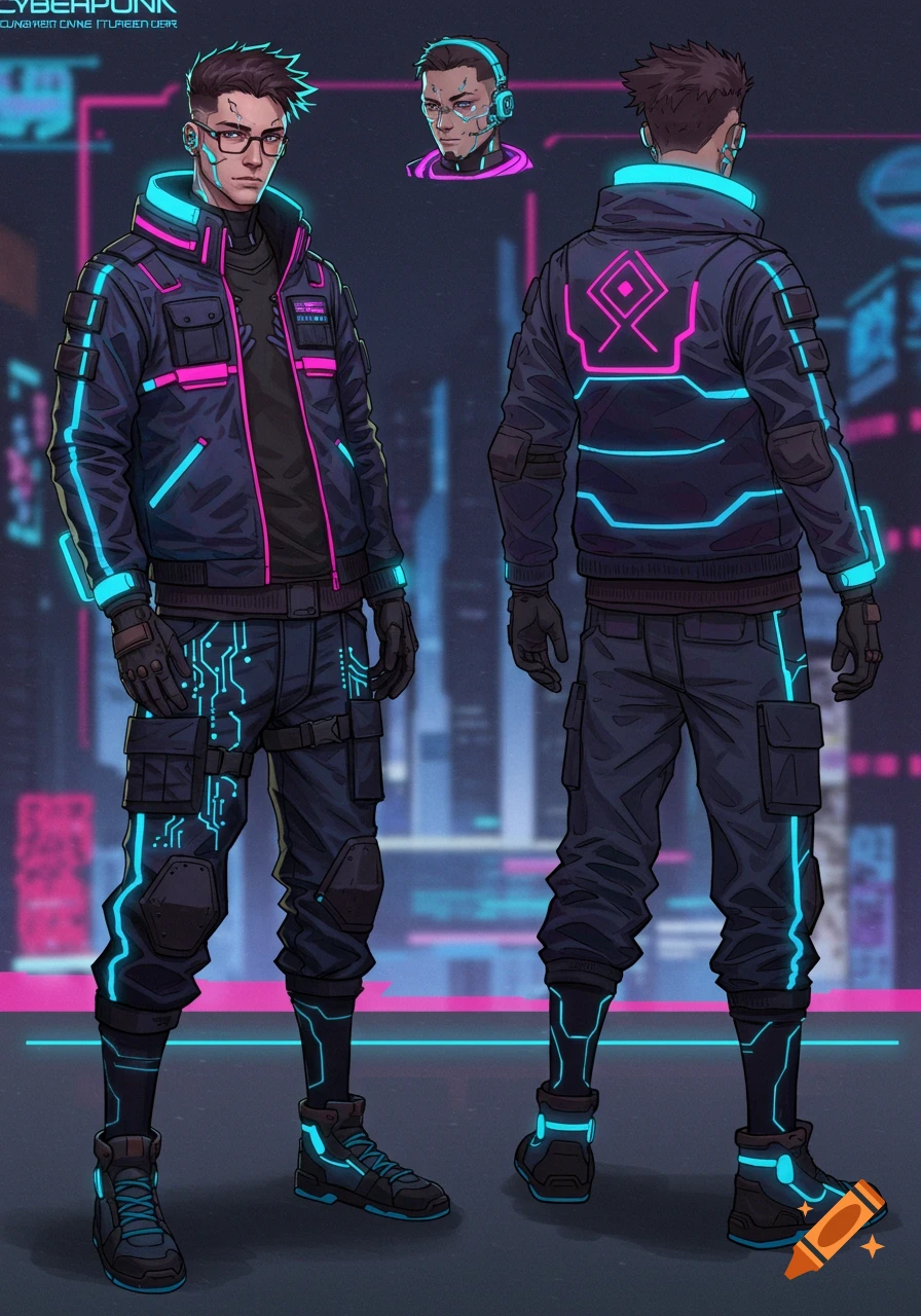 Full body of a male cyberpunk character with glowing neon accents ...