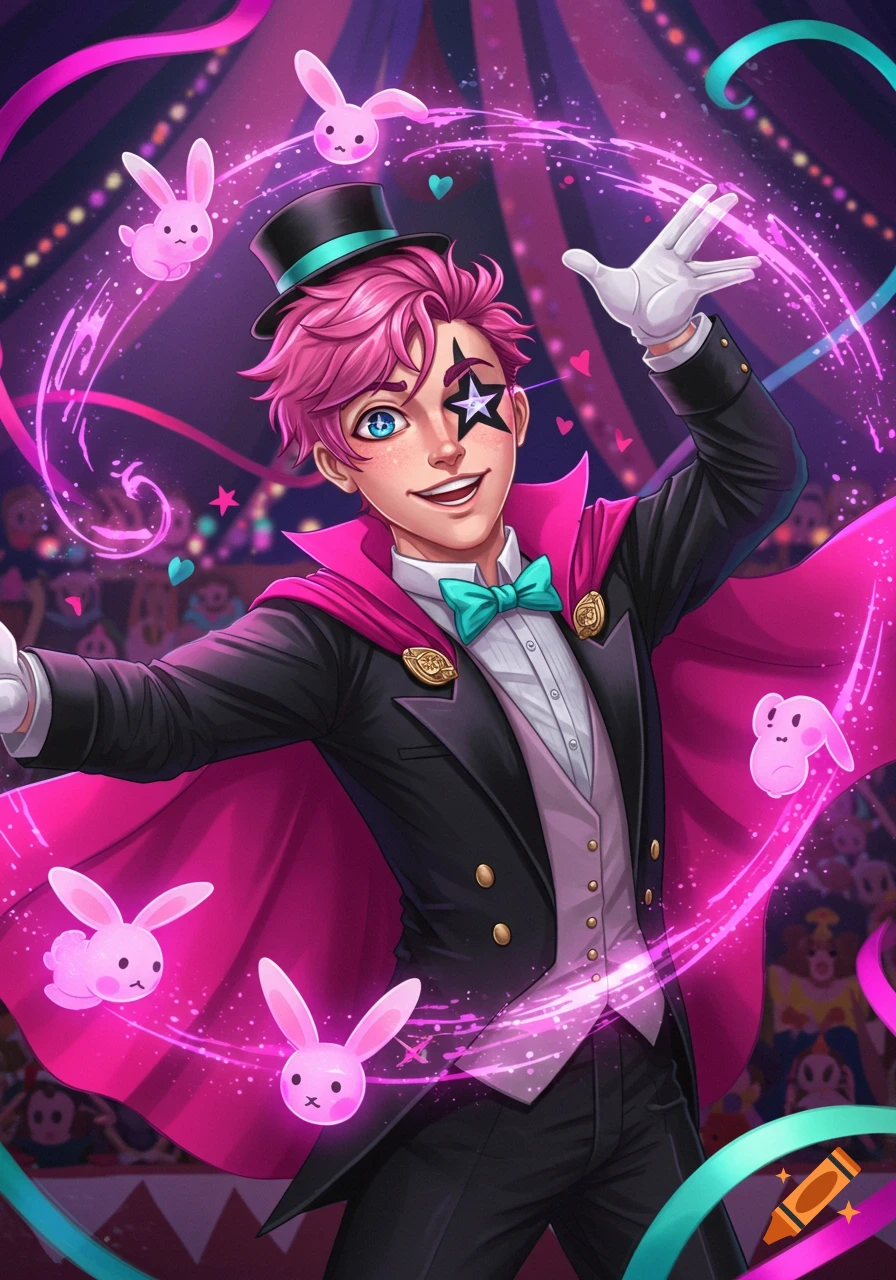 A vibrant anime illustration of a pink-haired magician boy in a black ...