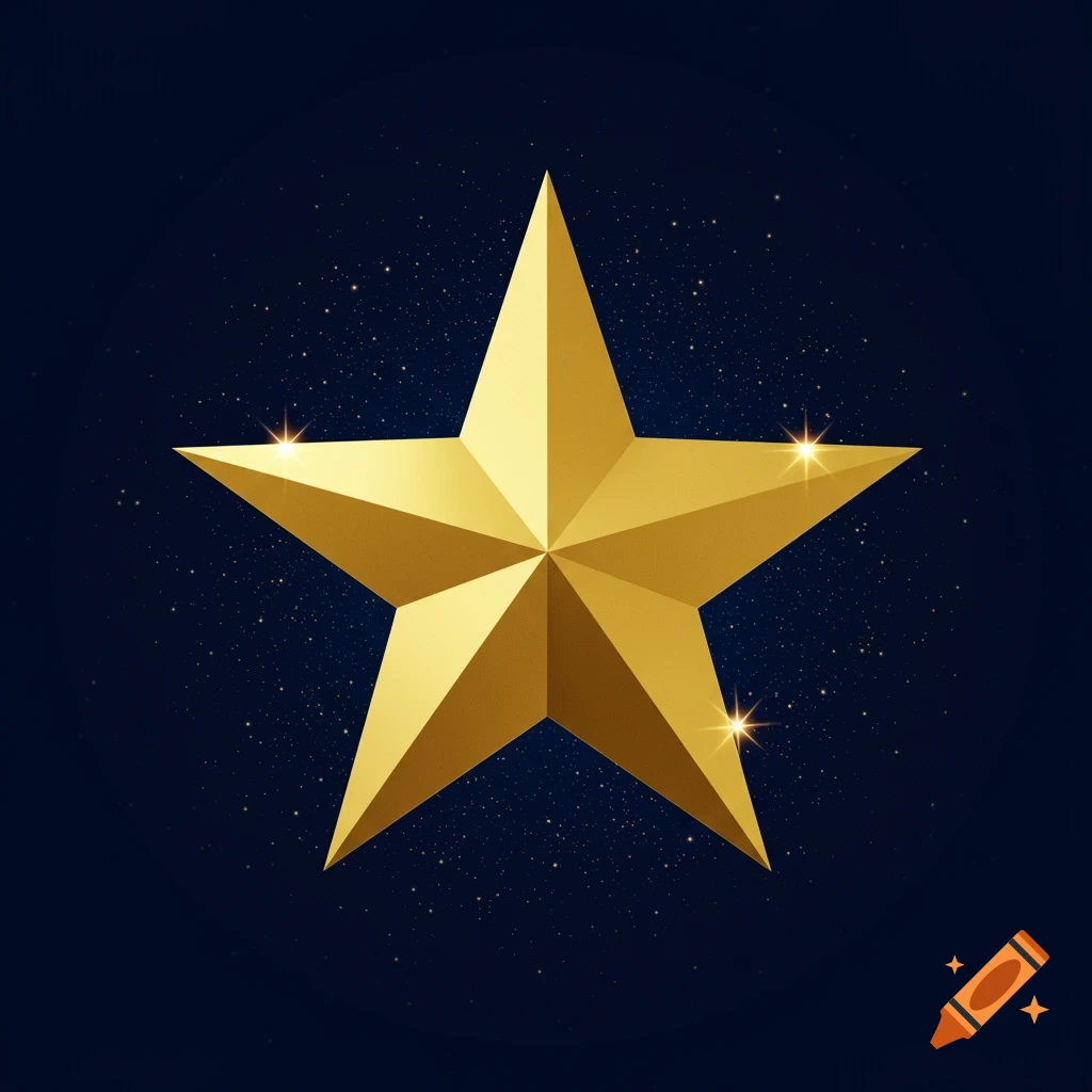 A metallic golden five-pointed star logo with faceted surfaces on a ...