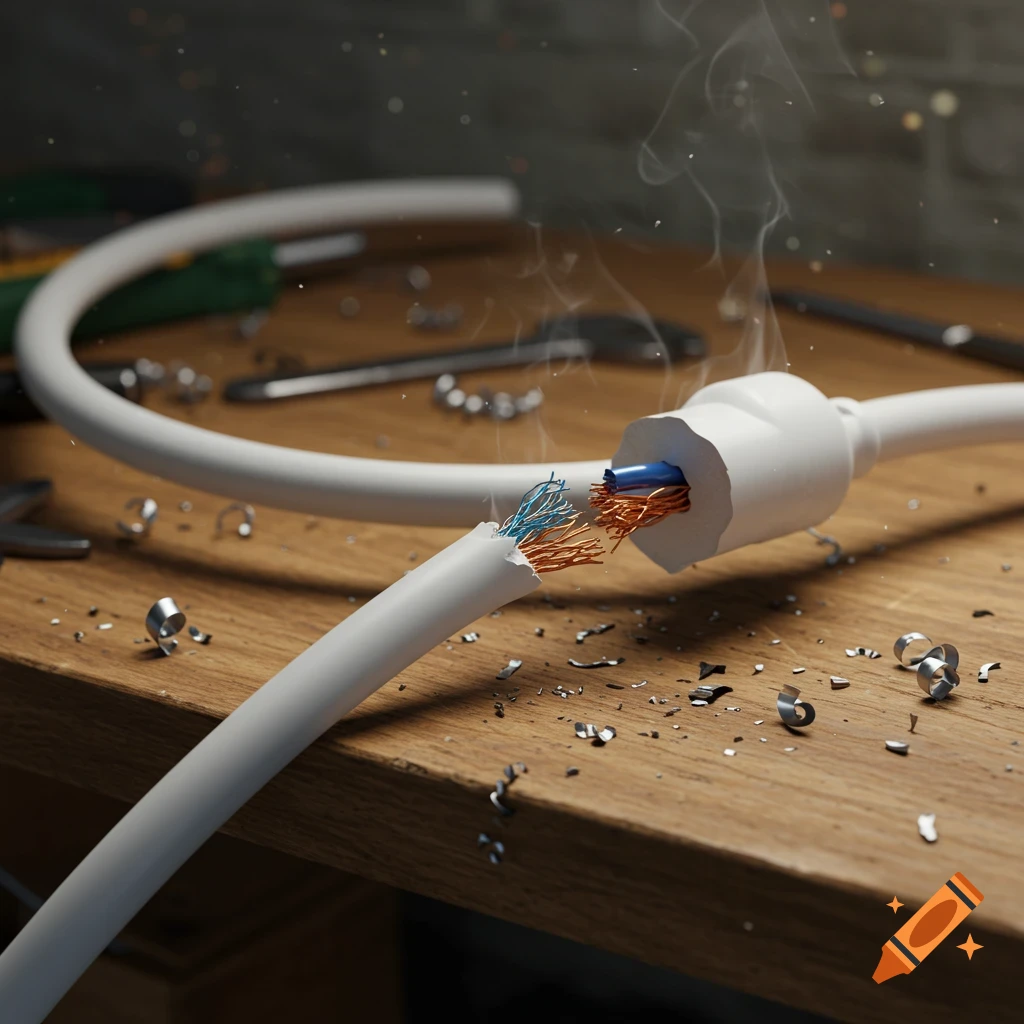 A white power cord is cut, revealing copper wires and blue insulation ...