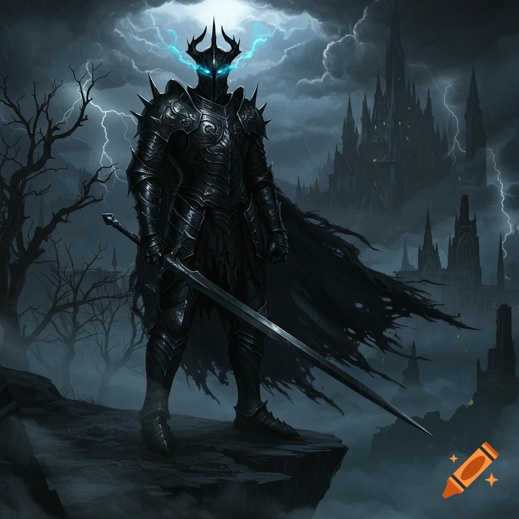 A dark fantasy knight in black spiked armor with glowing blue eyes ...
