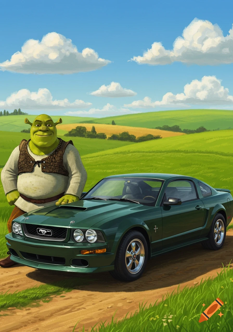 Shrek leaning on a dark green Ford Mustang GT on a dirt path in a sunny ...