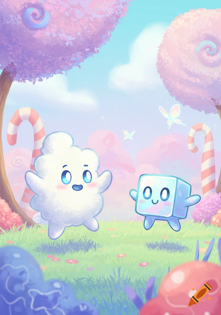 Two cute cartoon characters, one cloud-like and one ice cube-like ...