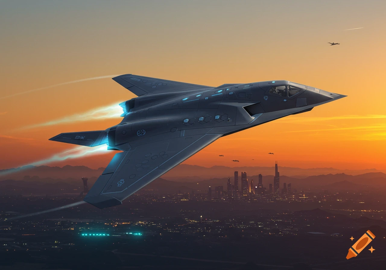 A sleek jet aircraft with glowing engines flies above clouds over a ...