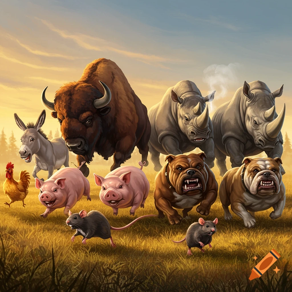 Angry stylized animals, including a buffalo, donkeys, rhinos, bulldogs ...