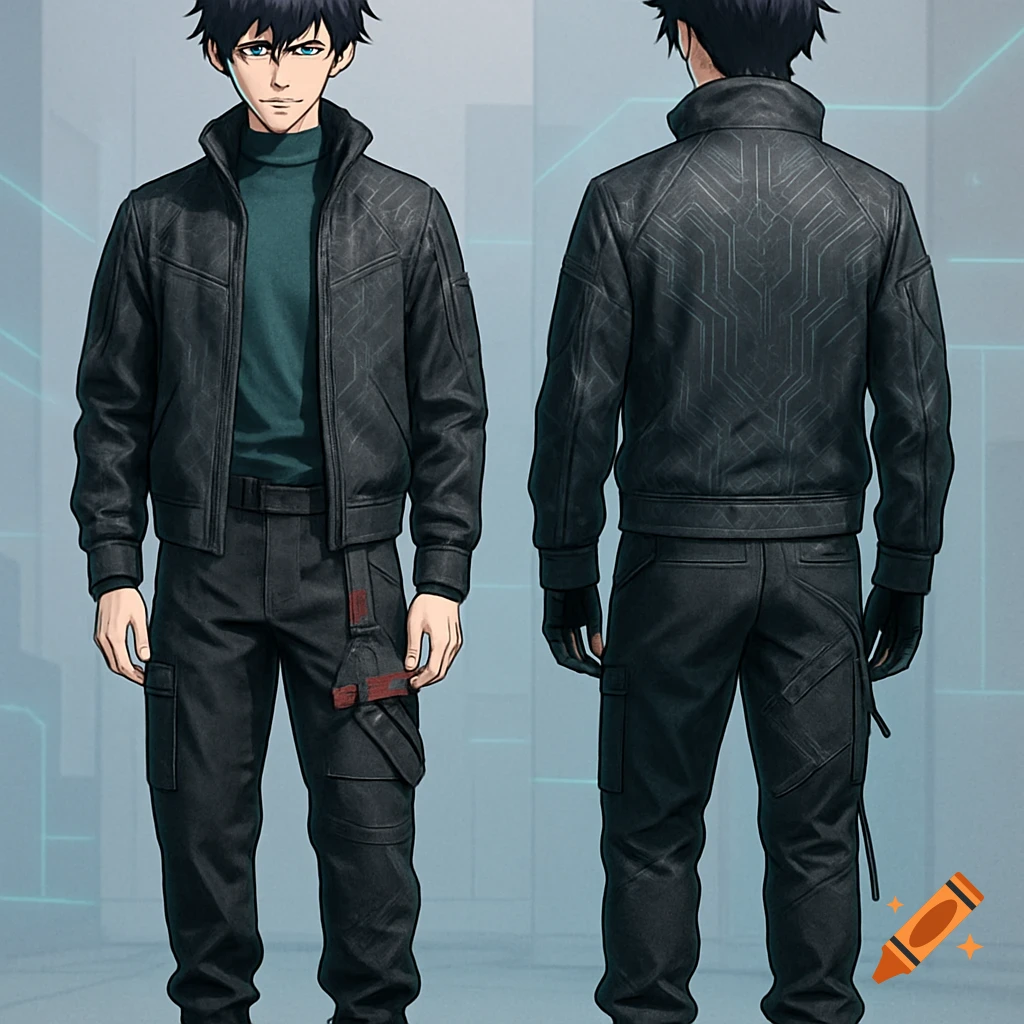 Anime male character model sheet, front, side, and back views, in a ...