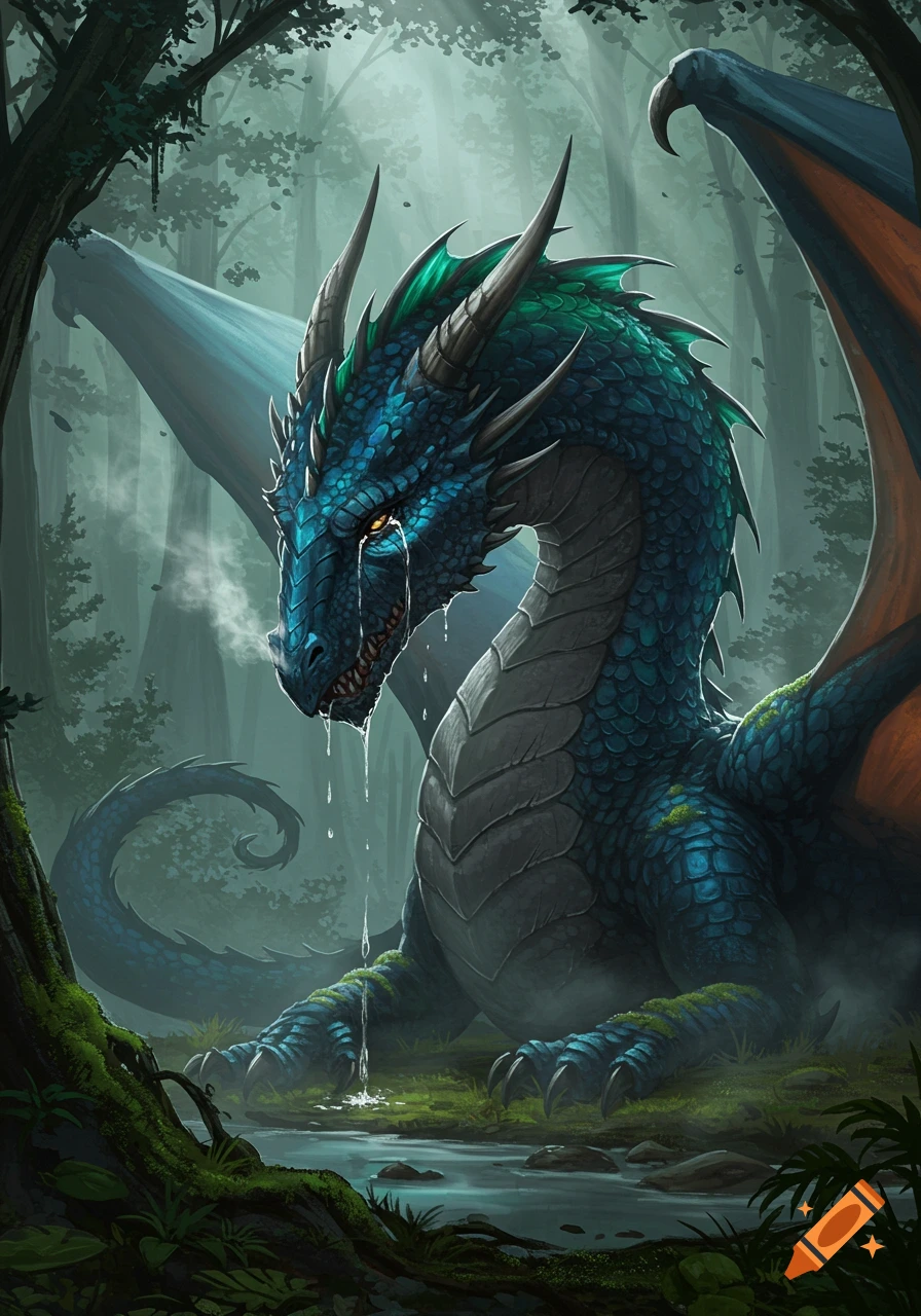 A detailed fantasy illustration of a large blue and green dragon crying ...