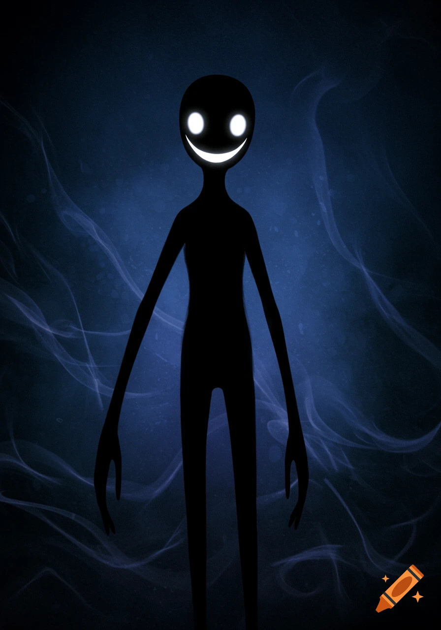 A pitch black lanky figure with glowing white eyes and a wide, bright ...