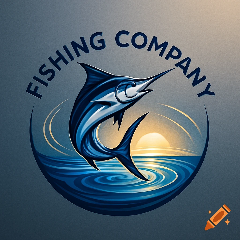 A rugged logo featuring a stylized fish fin emerging from waves with ...