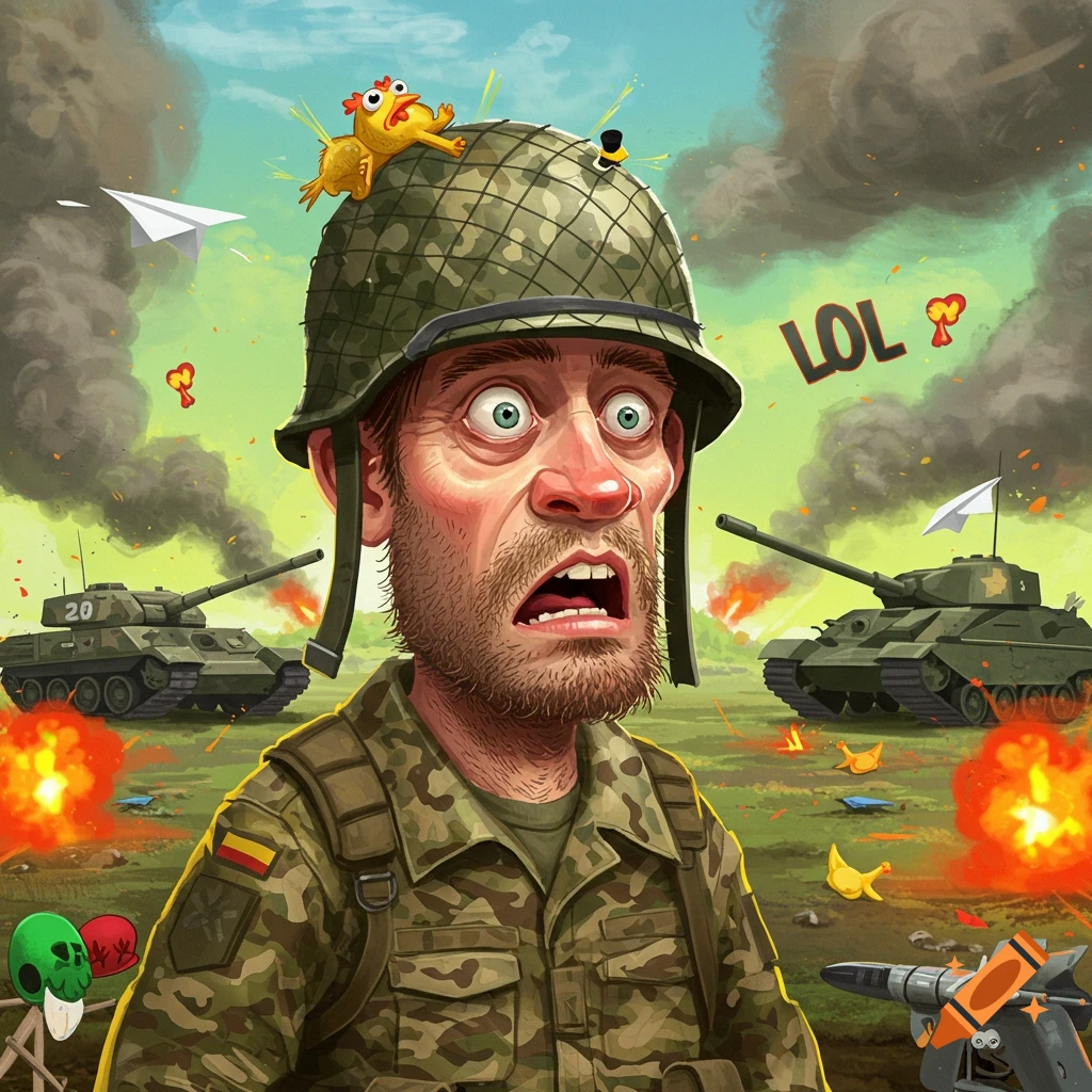 Cartoon soldier with a terrified expression in a battlefield with tanks ...