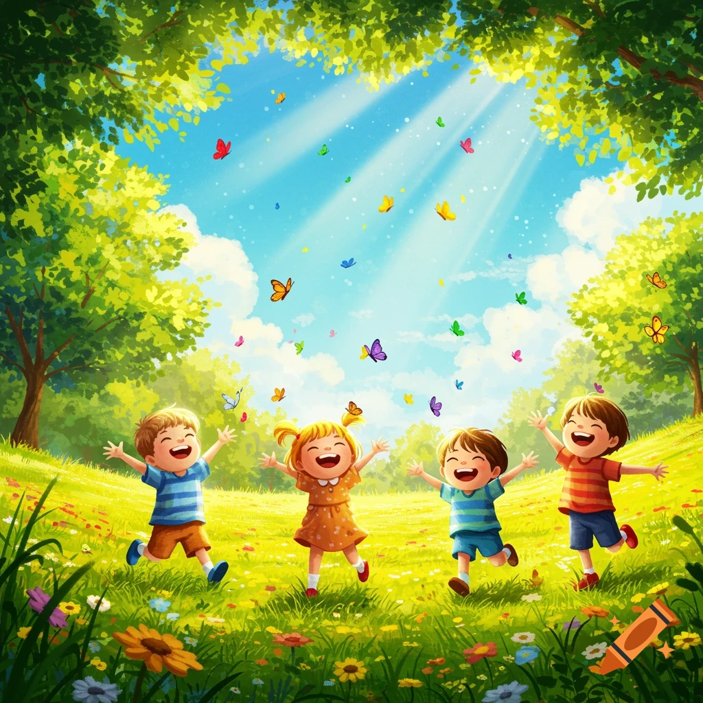 Happy cartoon children running and playing in a sunny, green field ...