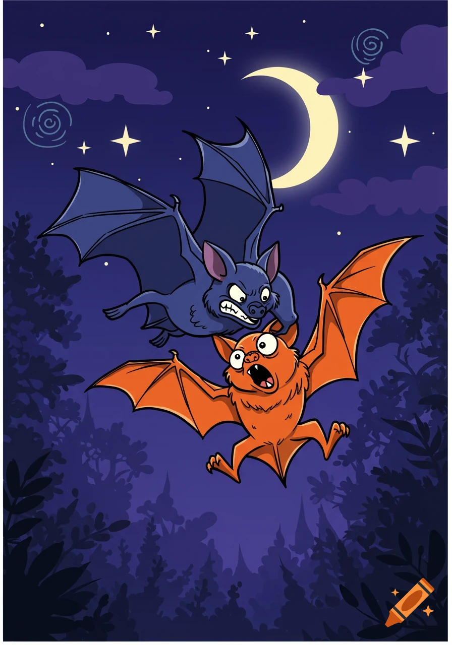 A blue cartoon bat with an angry expression chases an orange cartoon ...