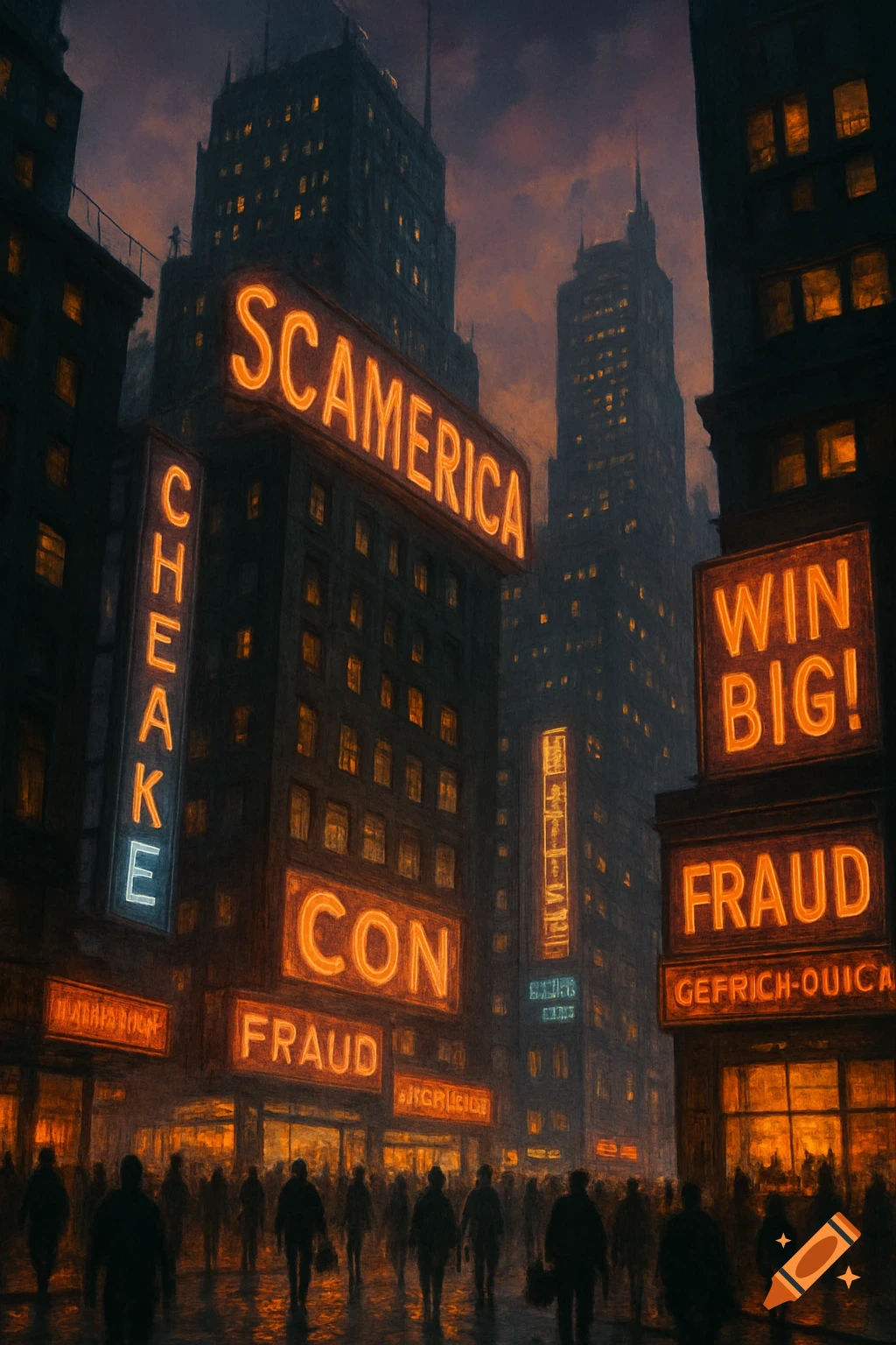 A dark, moody cityscape at night with tall buildings and many people ...