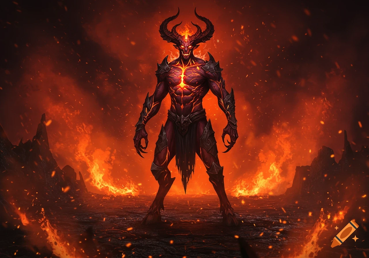 A menacing, horned demon with glowing eyes and a fiery chest stands in ...