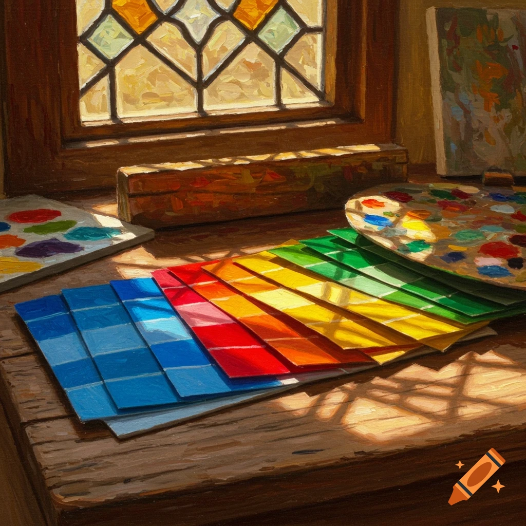 A still life painting of color swatches and palettes on a wooden table ...