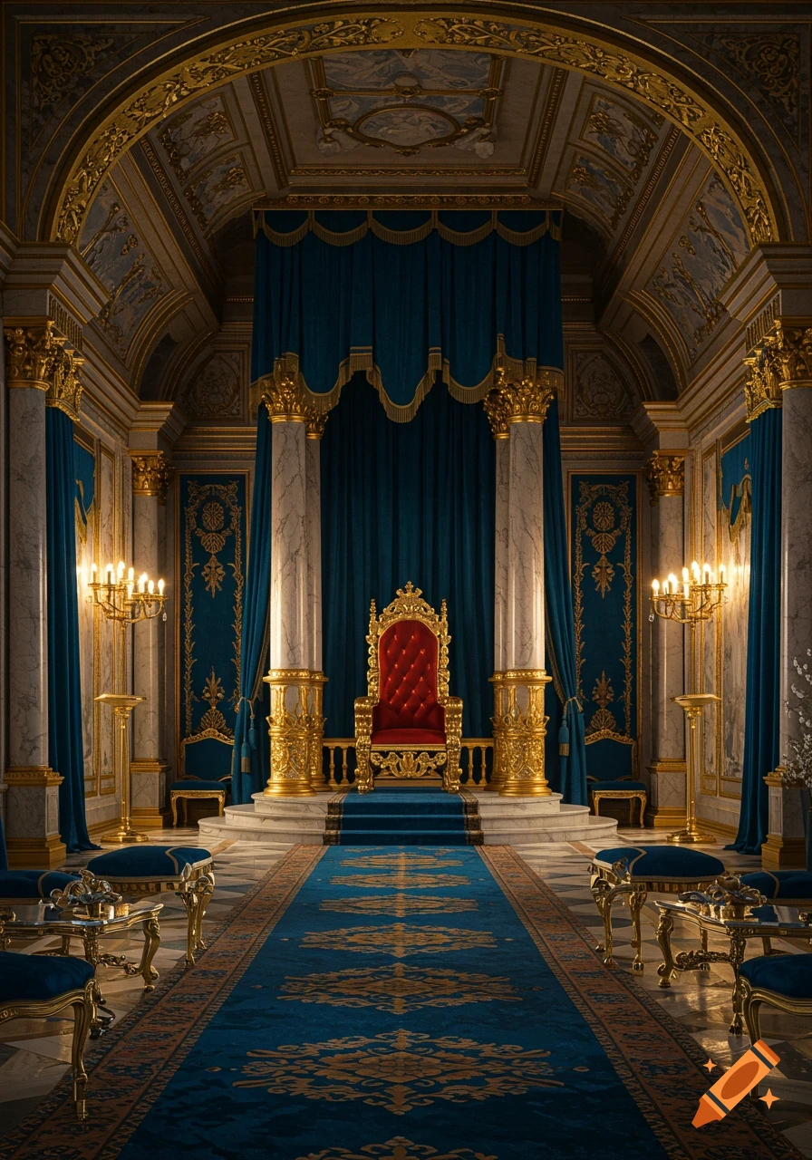 Luxurious throne room with a red and gold throne, blue velvet drapes ...