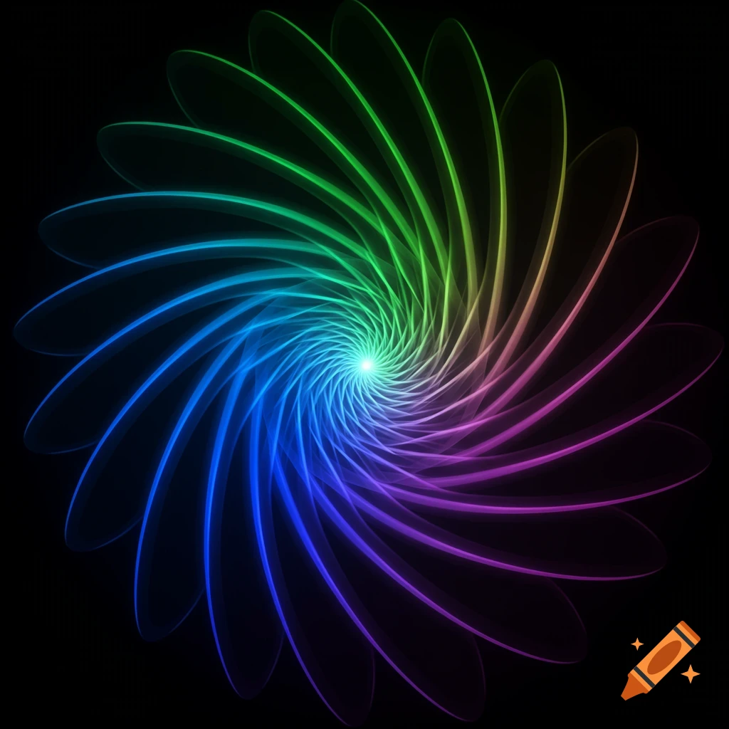 A vibrant, glowing rainbow-colored spiral on a black background ...