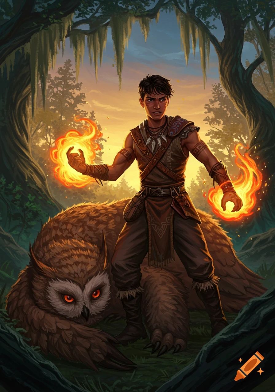 Digital illustration of a Latino man casting fire spells, standing over ...