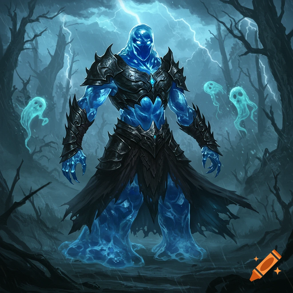 A blue plasmoid creature in dark armor stands in a stormy forest with ...