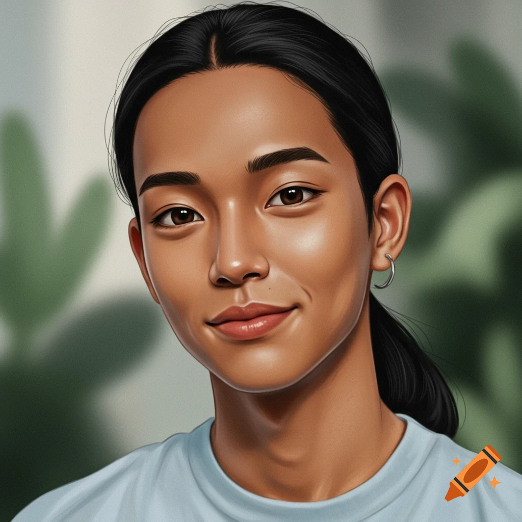 Digital art portrait of a young person with dark hair pulled back ...