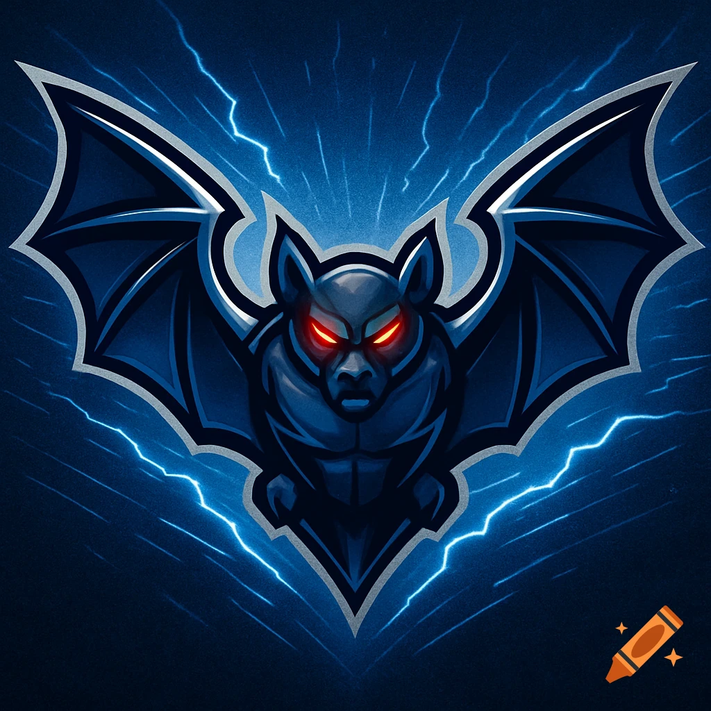 A stylized blue devil mascot logo with glowing eyes and horns, text ...