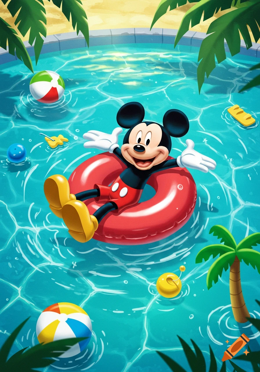 Minnie Mouse in a red polka-dot swimsuit standing by a swimming pool at ...