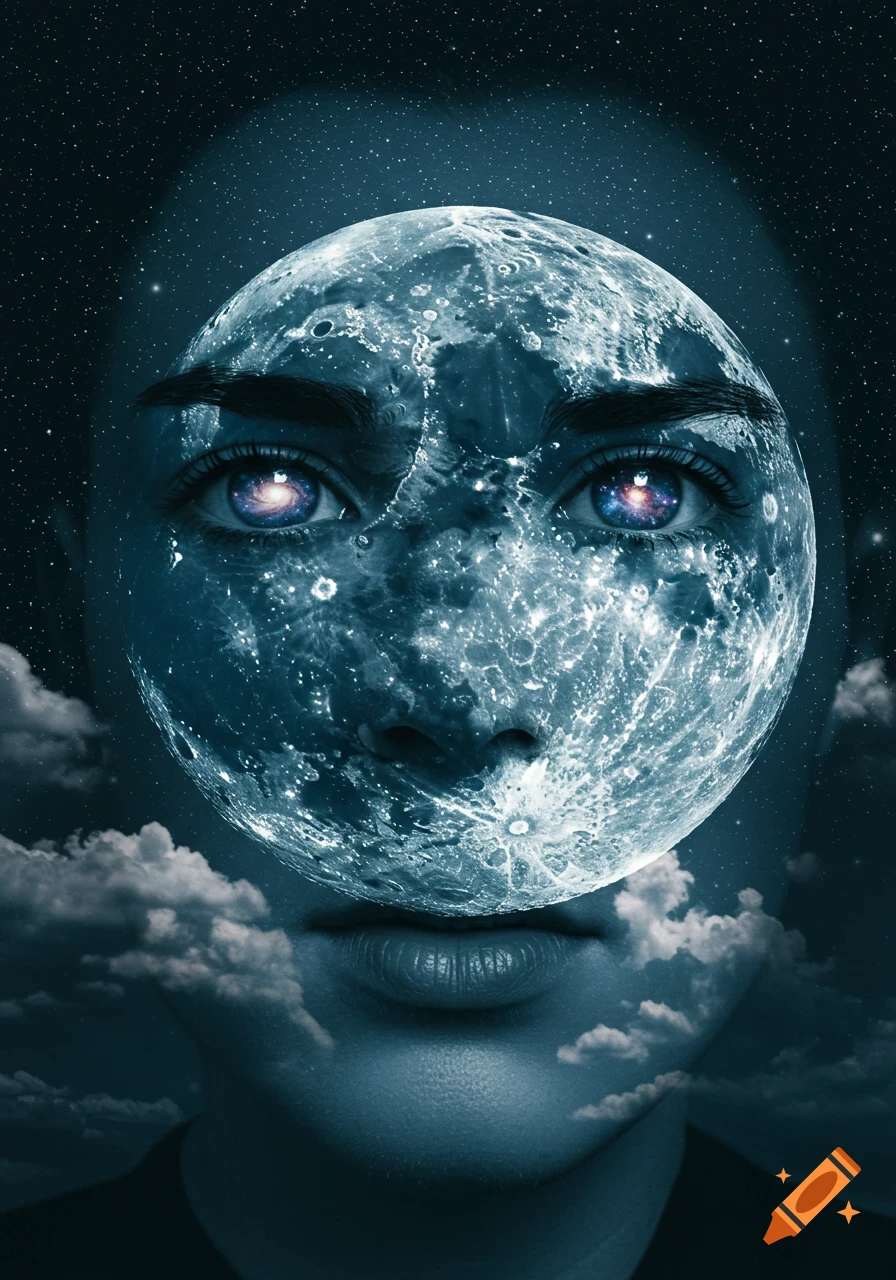 A stylized woman with cube eyes and a Pringles can nose floats cross ...