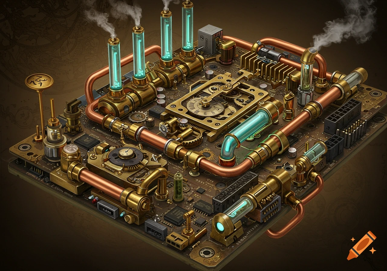 A detailed steampunk engine with intricate brass gears, pipes, and ...