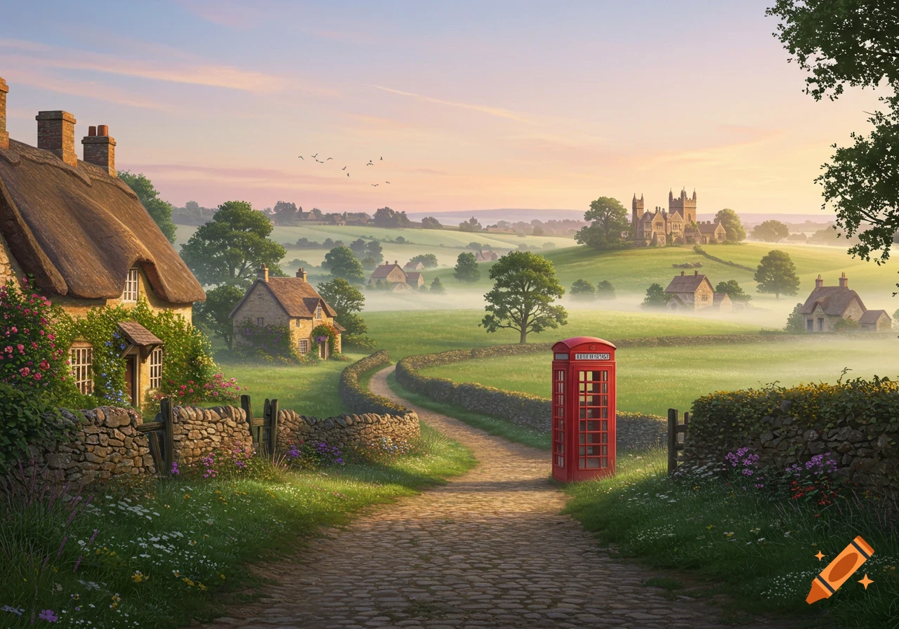 A picturesque English countryside scene with thatched cottages, green ...