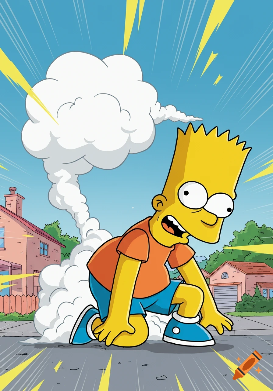 Bart Simpson squats on a suburban street, surprised by a large cloud of ...