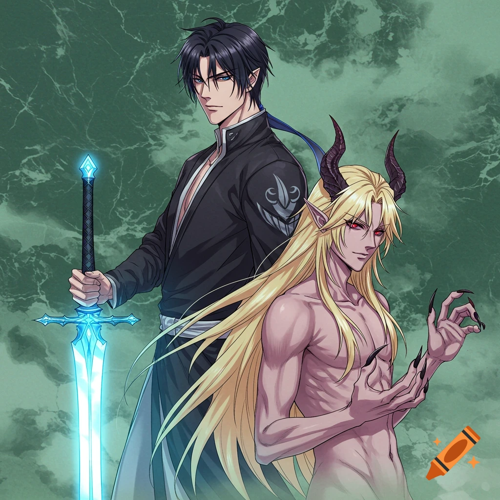 Two male fantasy characters in an anime style. One with black hair ...