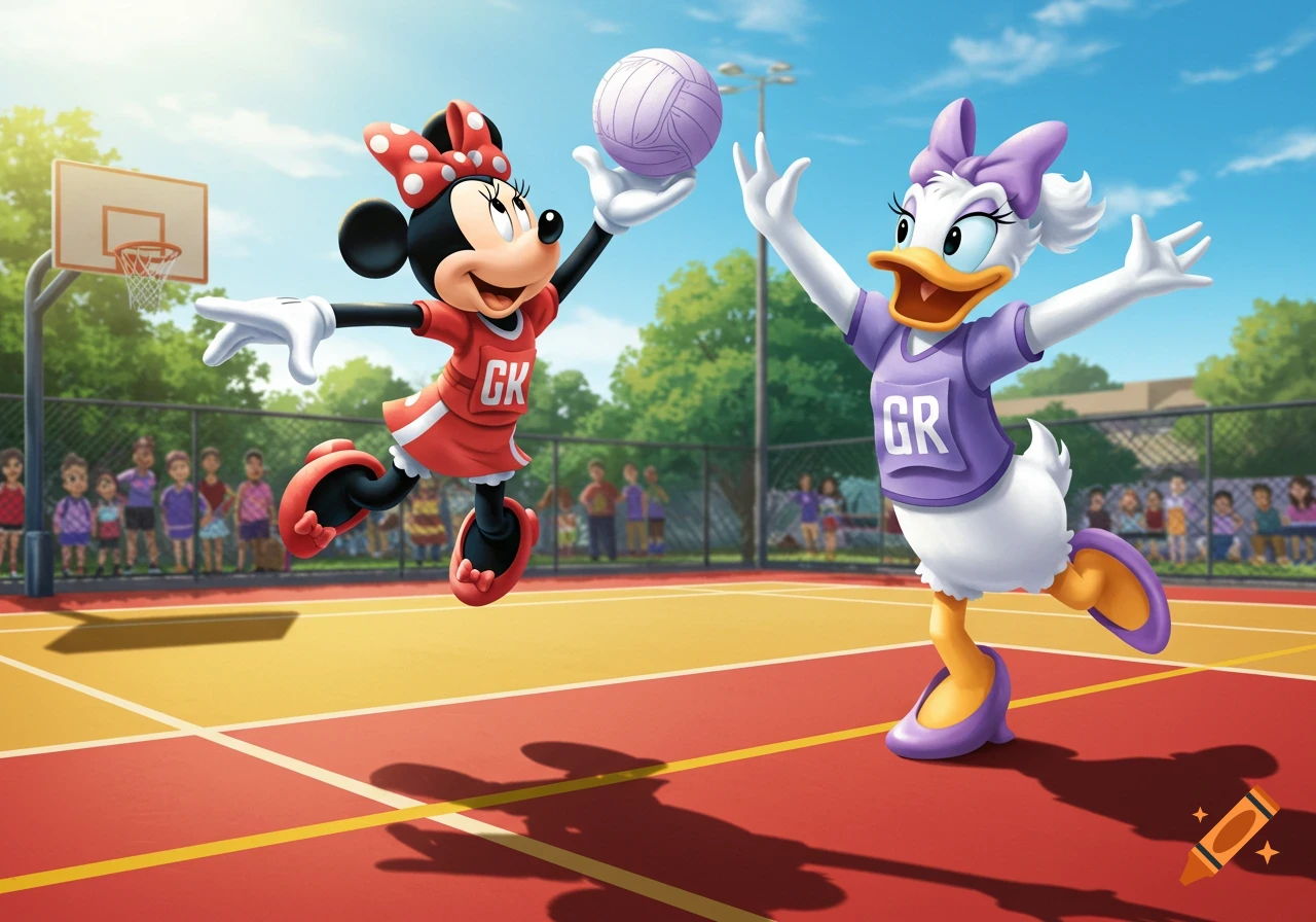 Minnie Mouse and Daisy Duck play netball on a sunny outdoor court ...