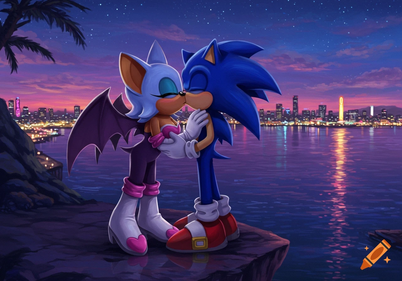 Sonic the Hedgehog and Rouge the Bat share a romantic kiss by a moonlit ...