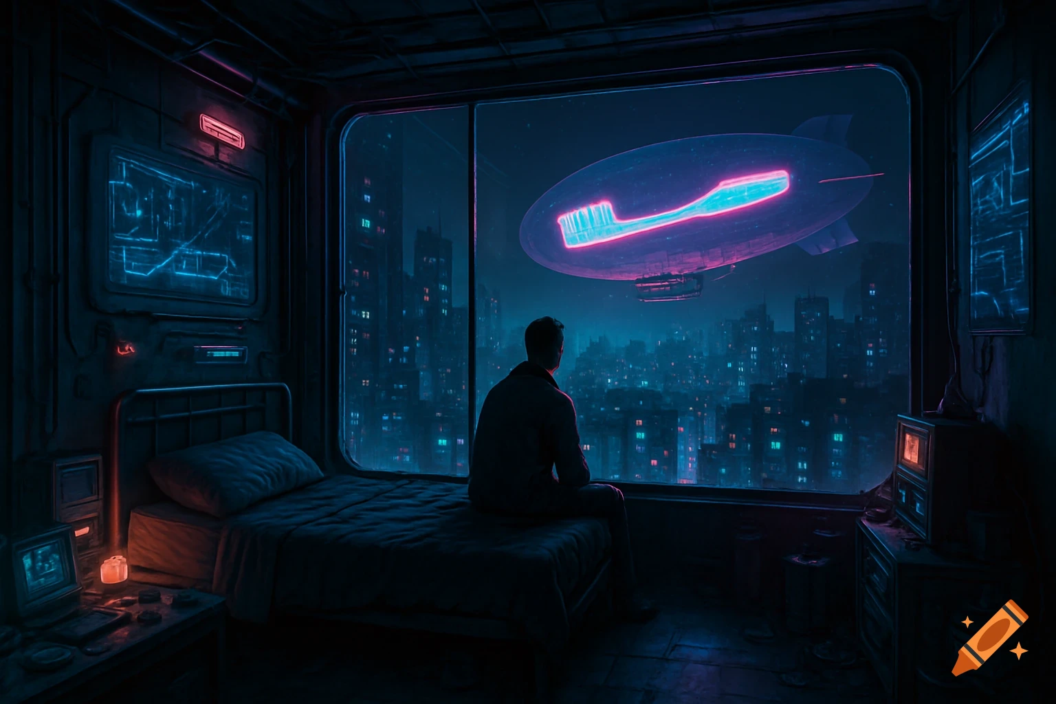 A man sits on a bed in a dark cyberpunk room, looking out at a neon ...
