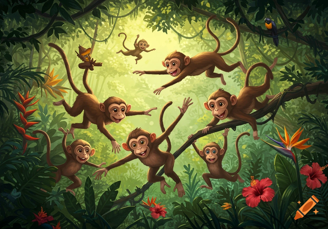 Several playful monkeys swing and climb through a vibrant, lush green jungle in a detailed ...