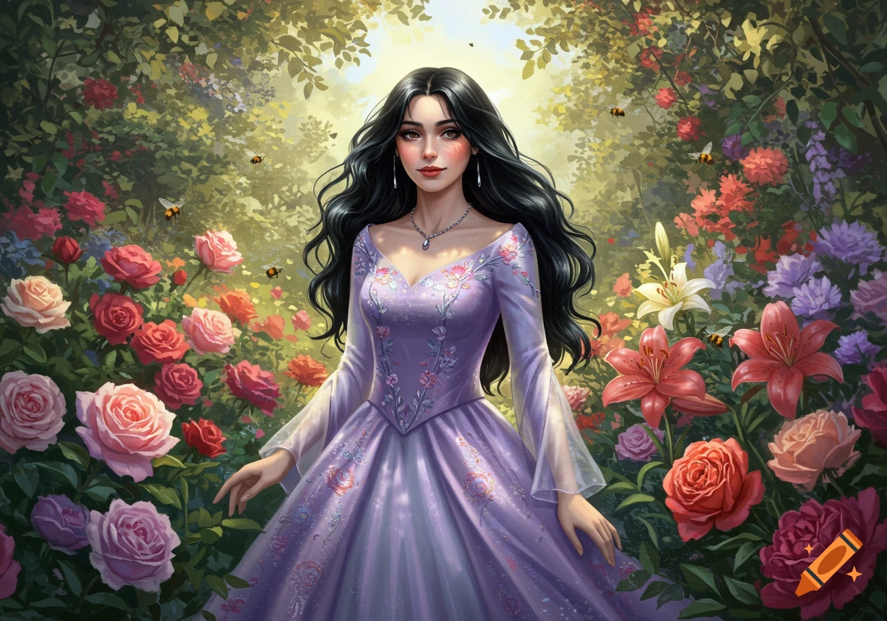 An illustrated fantasy portrait of a smiling princess with black hair ...