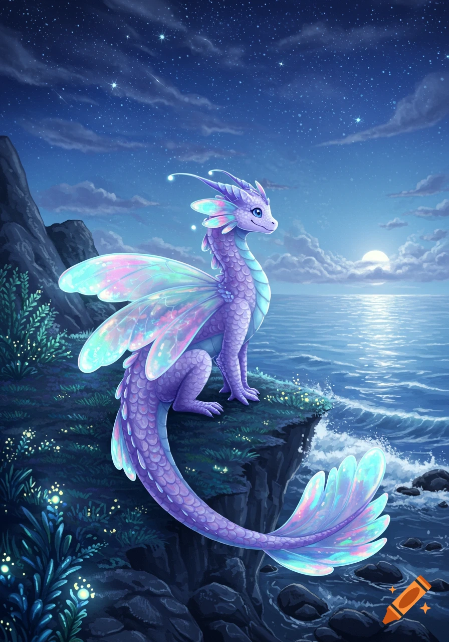 A vibrant pink cartoon dragon with blue eyes flies over a blue ocean ...