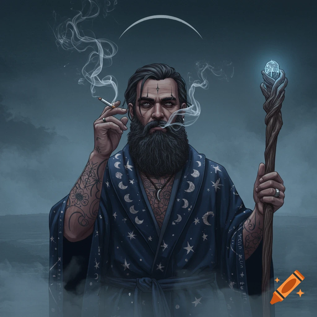 A bearded wizard in a starry robe smokes a cigarette, holding a glowing ...