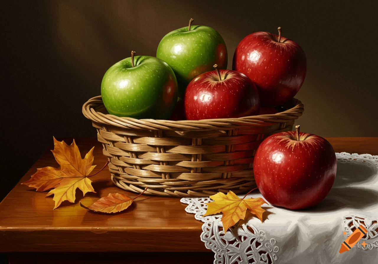 A realistic classical still life painting of a cornucopia spilling ...