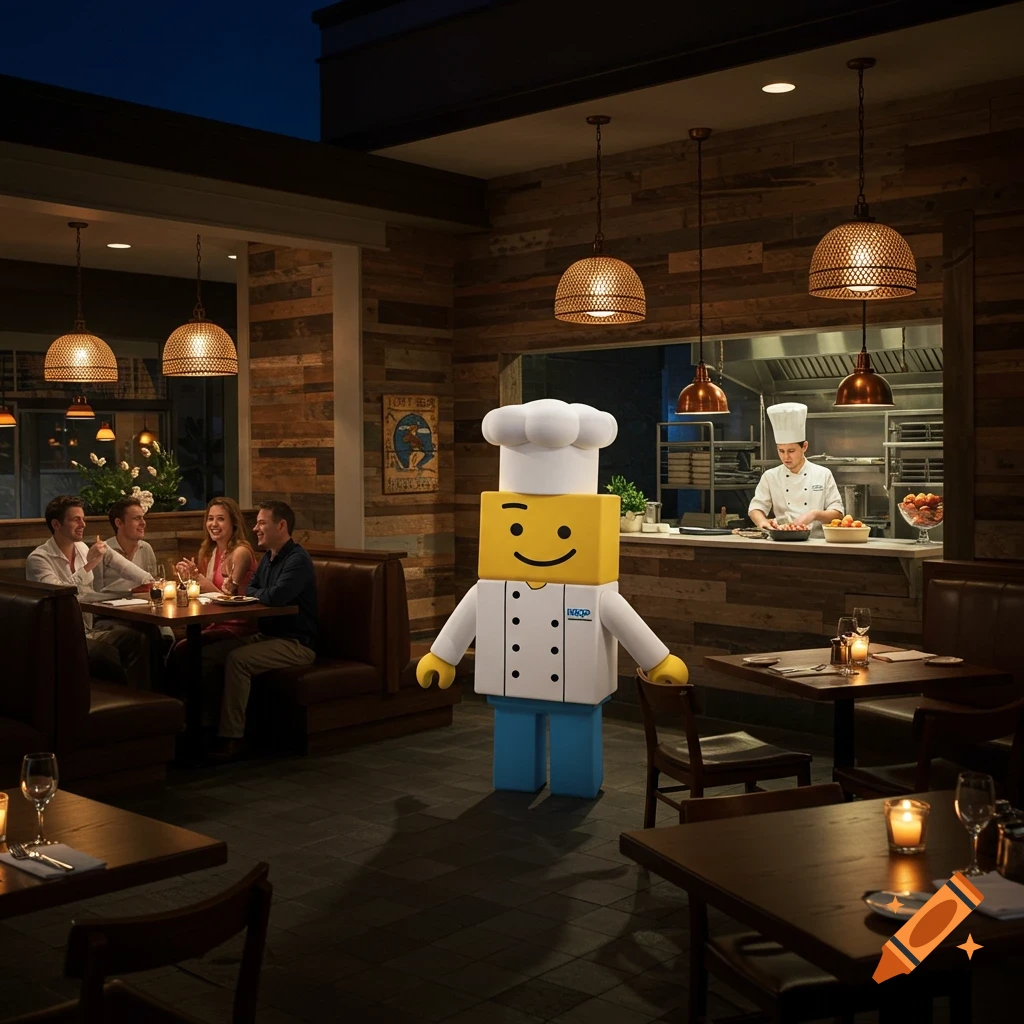 A LEGO-like chef character stands in a dimly lit restaurant where ...