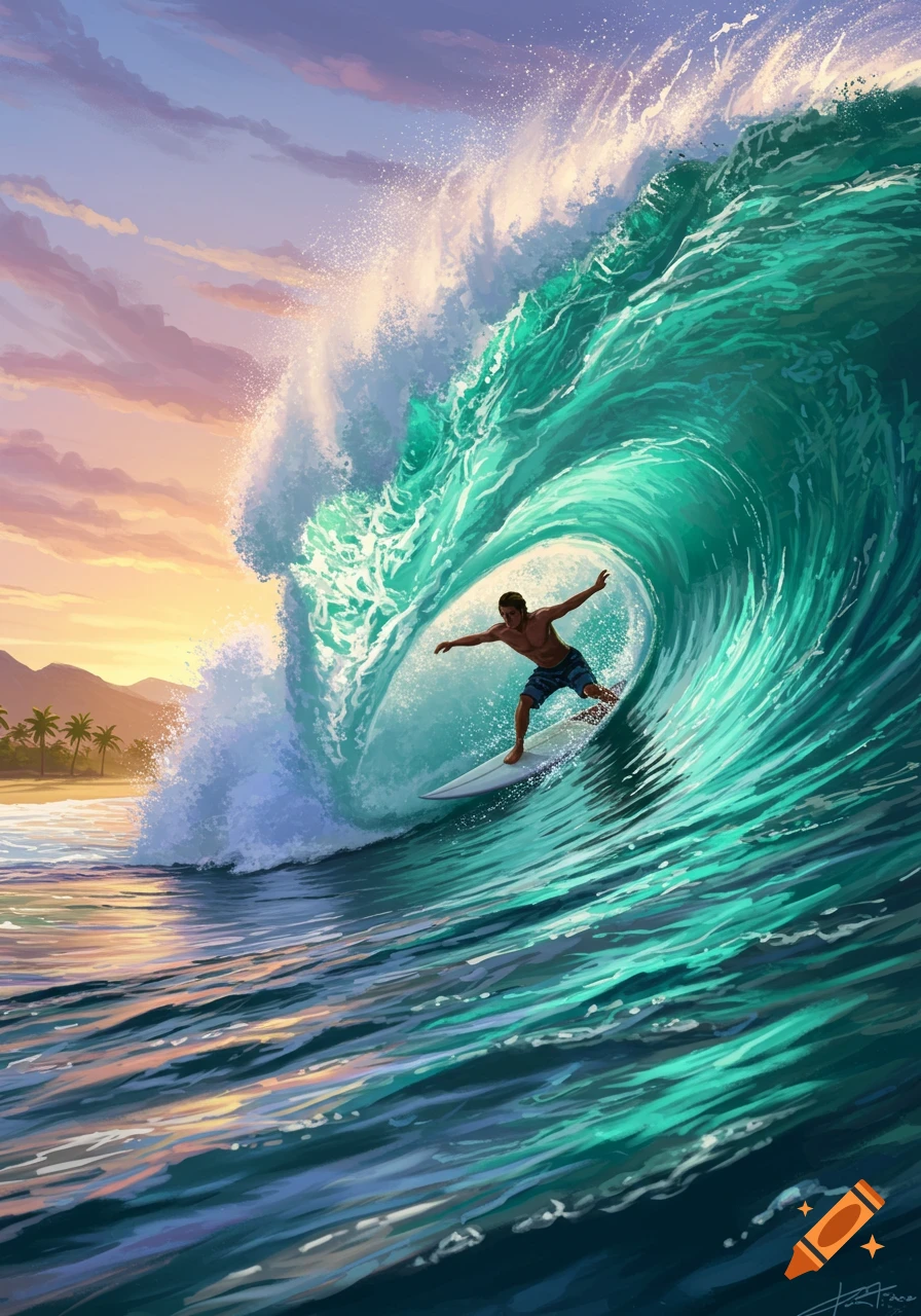 A man surfs a large, green barrel wave at sunset, with a tropical beach ...