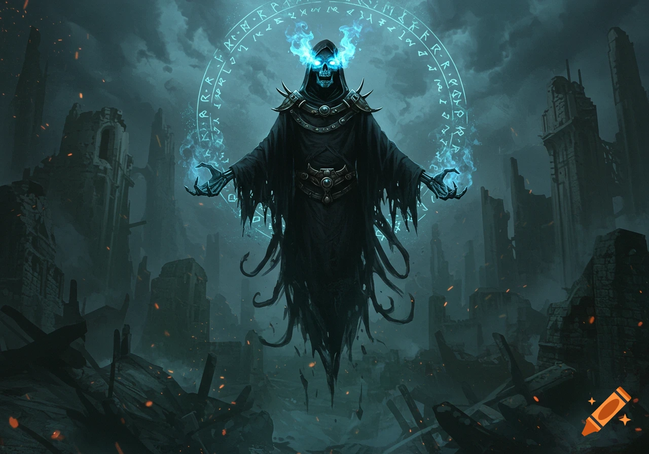 A floating skeletal lich in a tattered robe with glowing blue eyes and ...